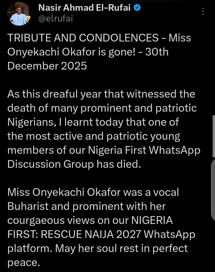 El-Rufai Reacts To The Death Of Onyekachi Okafor Who Was Always Holding ...